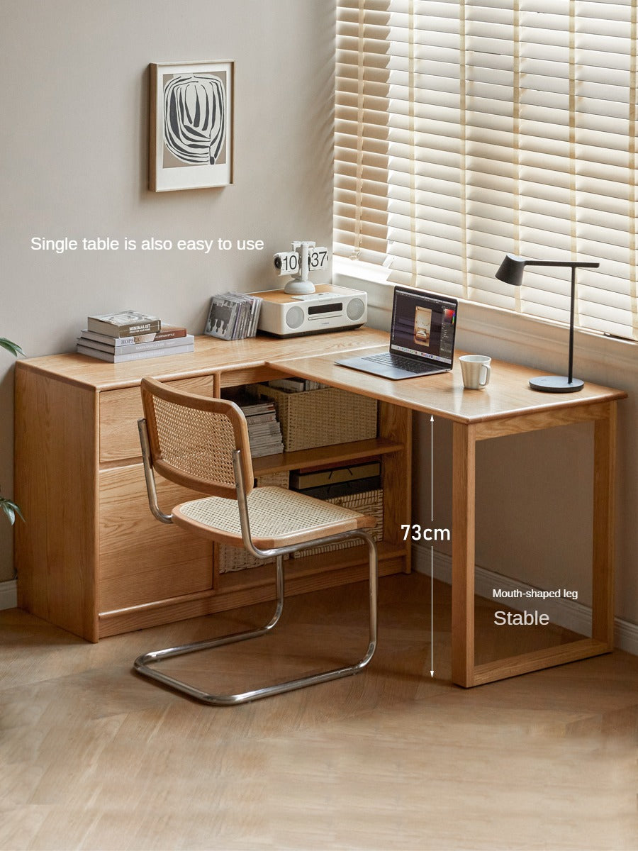 Oak, Walnut Solid Wood Desk Bookcase Integrated Corner office Table