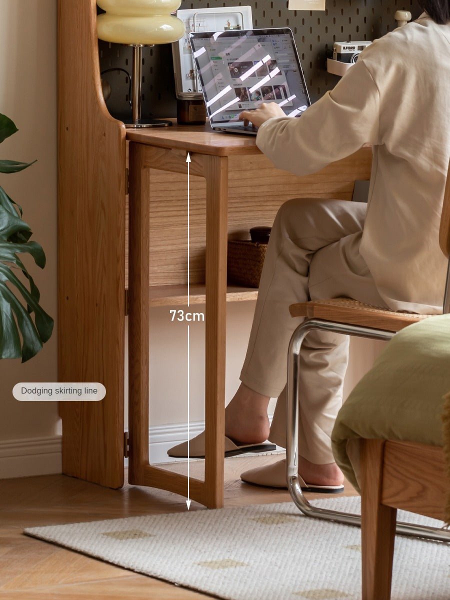 Oak Solid Wood Foldable Desk Bookcase Integrated