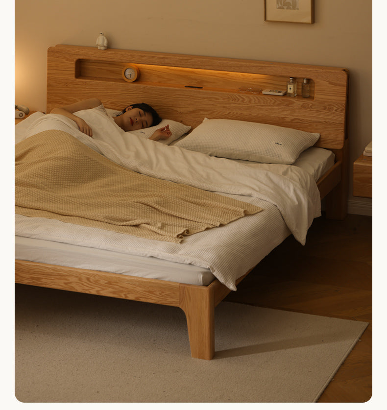 Oak, Beech solid wood bed with light and bookshelf.