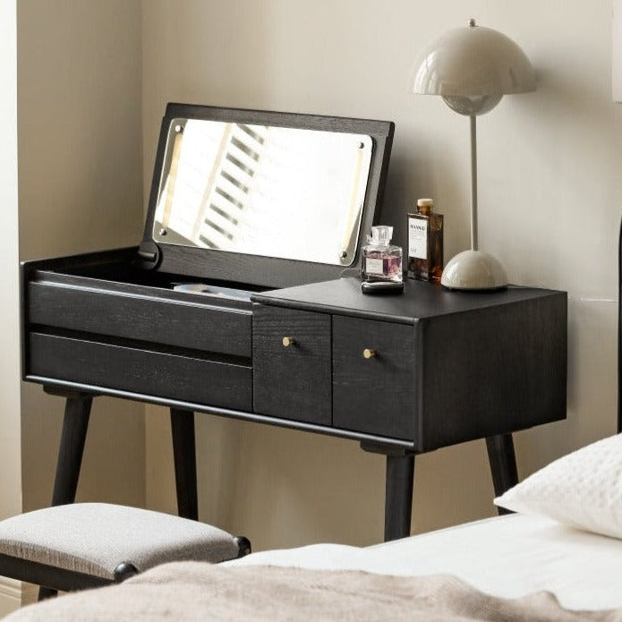 Oak solid wood Black makeup table Mirror LED touch: