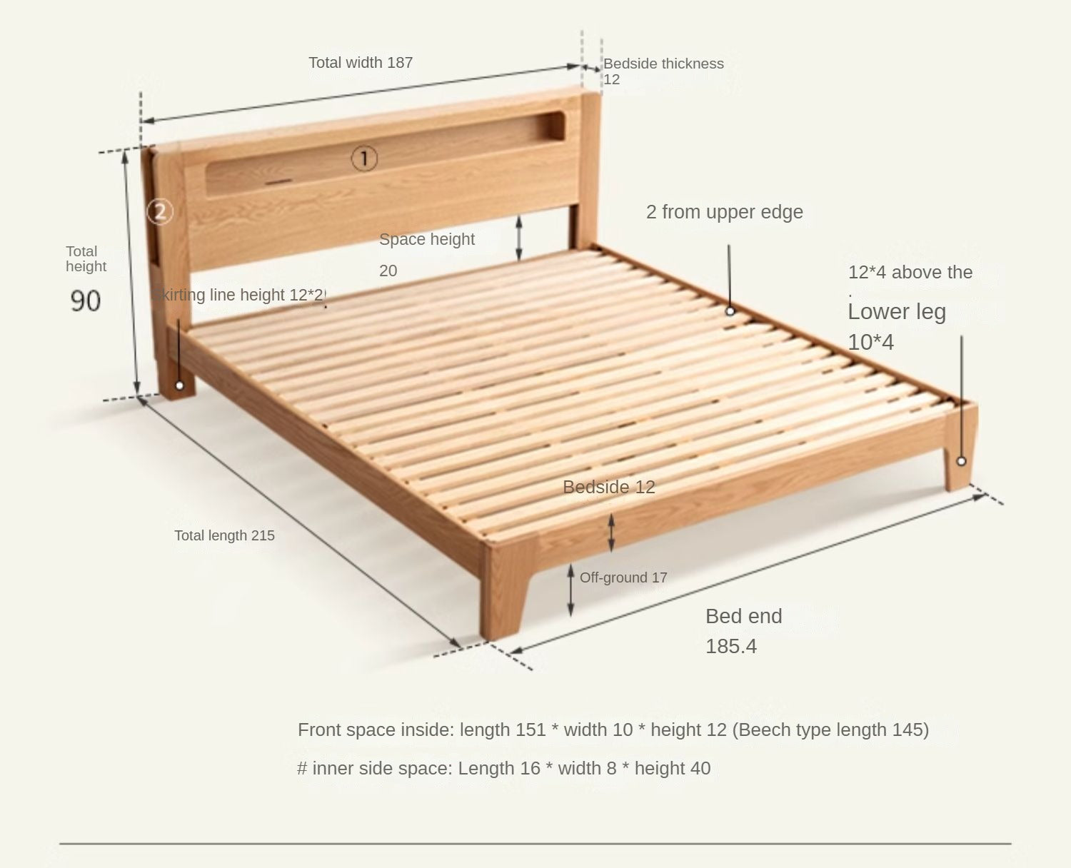 Oak, Beech solid wood bed with light and bookshelf.