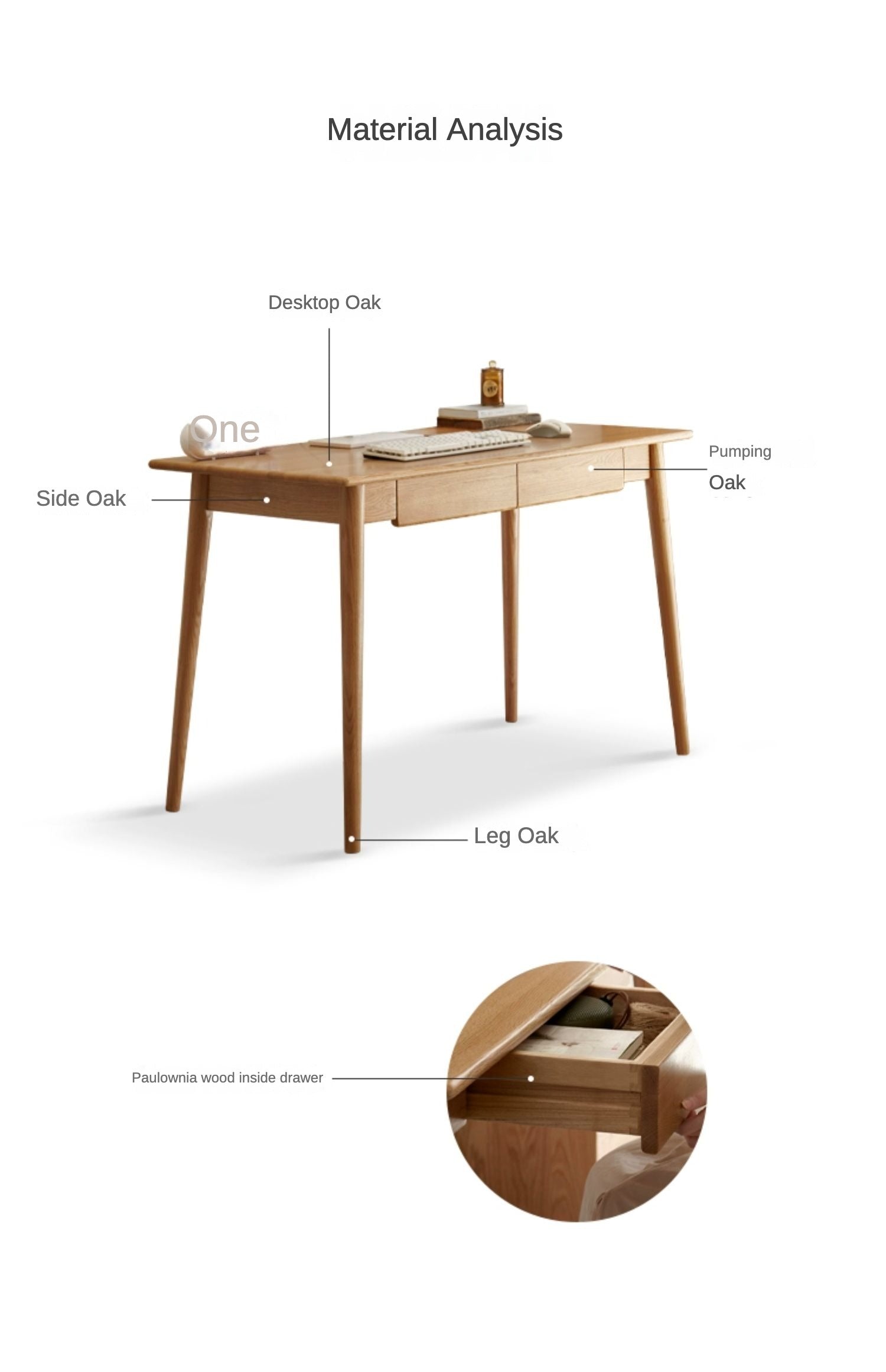 Oak solid wood Office desk spindle-shaped slanted legs: