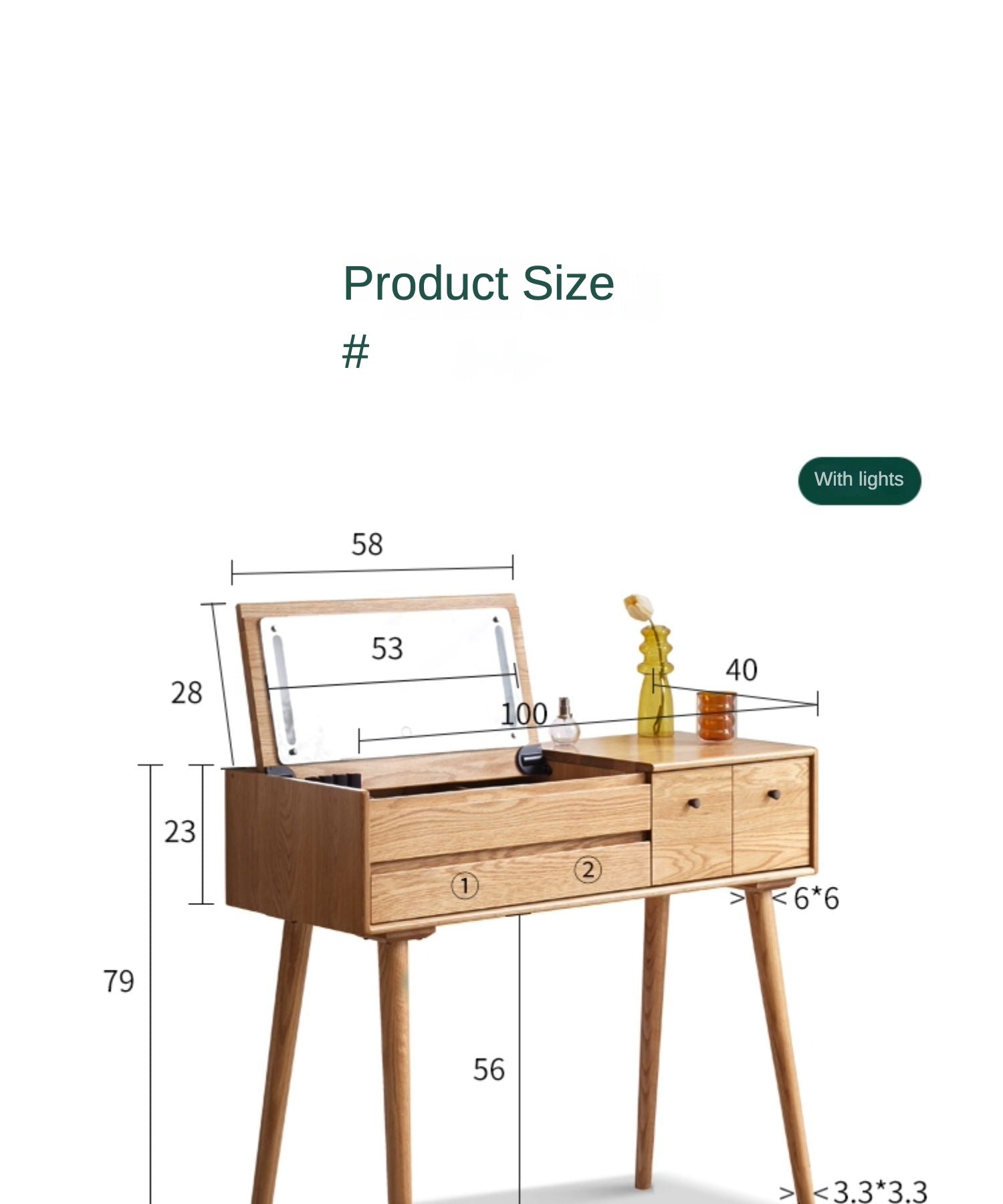 Oak solid wood Dressing table Mirror LED touch light: