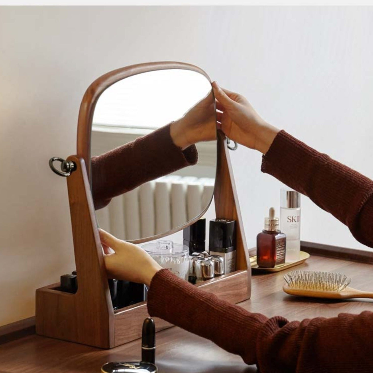 Black walnut solid wood makeup mirror storage box degree rotation*