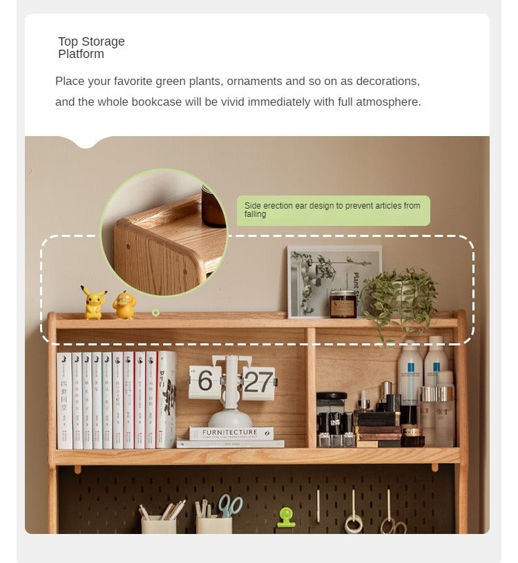 Oak Solid Wood Foldable Desk Bookcase Integrated