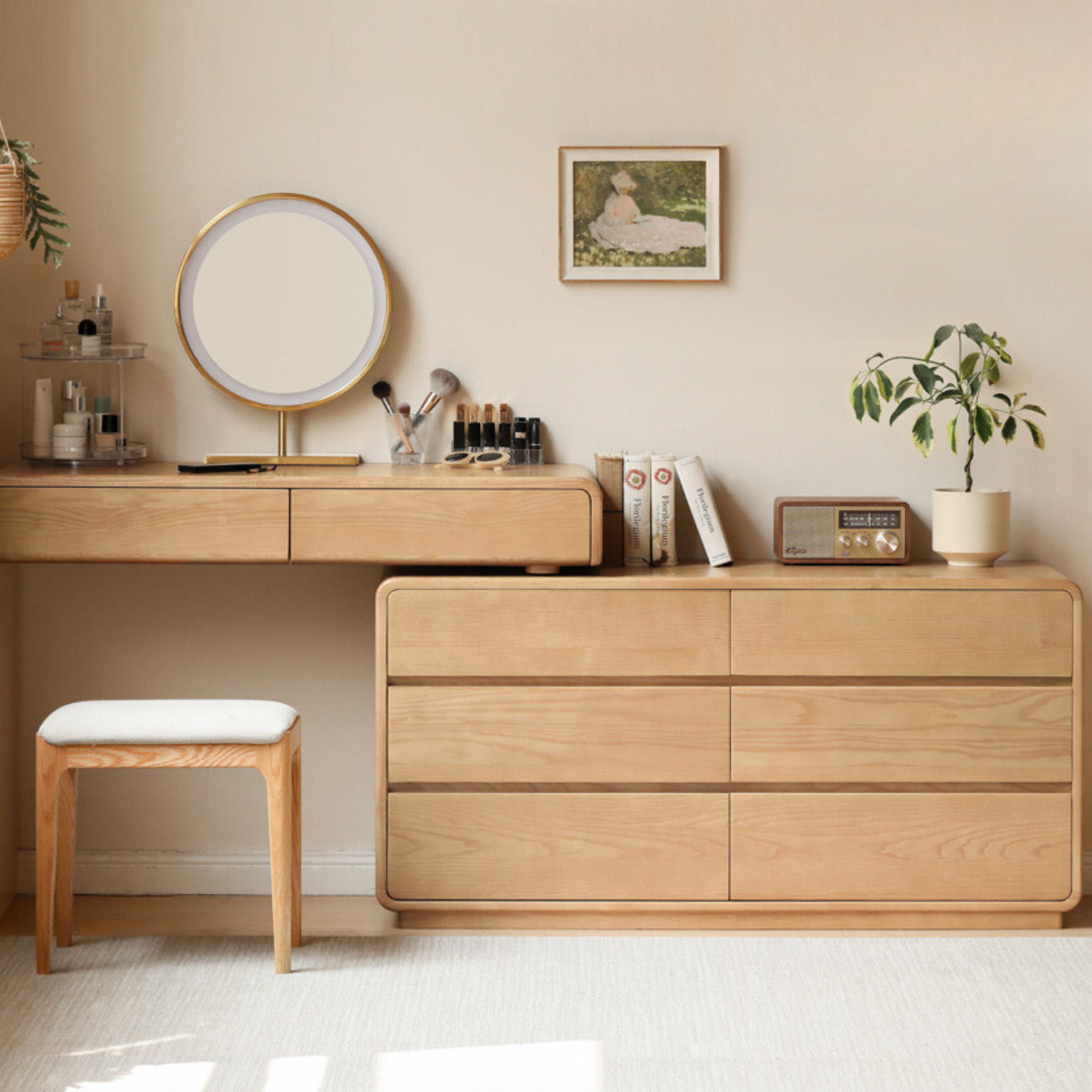 Ash Solid Wood Telescopic Dressing Table Integrated Storage:
