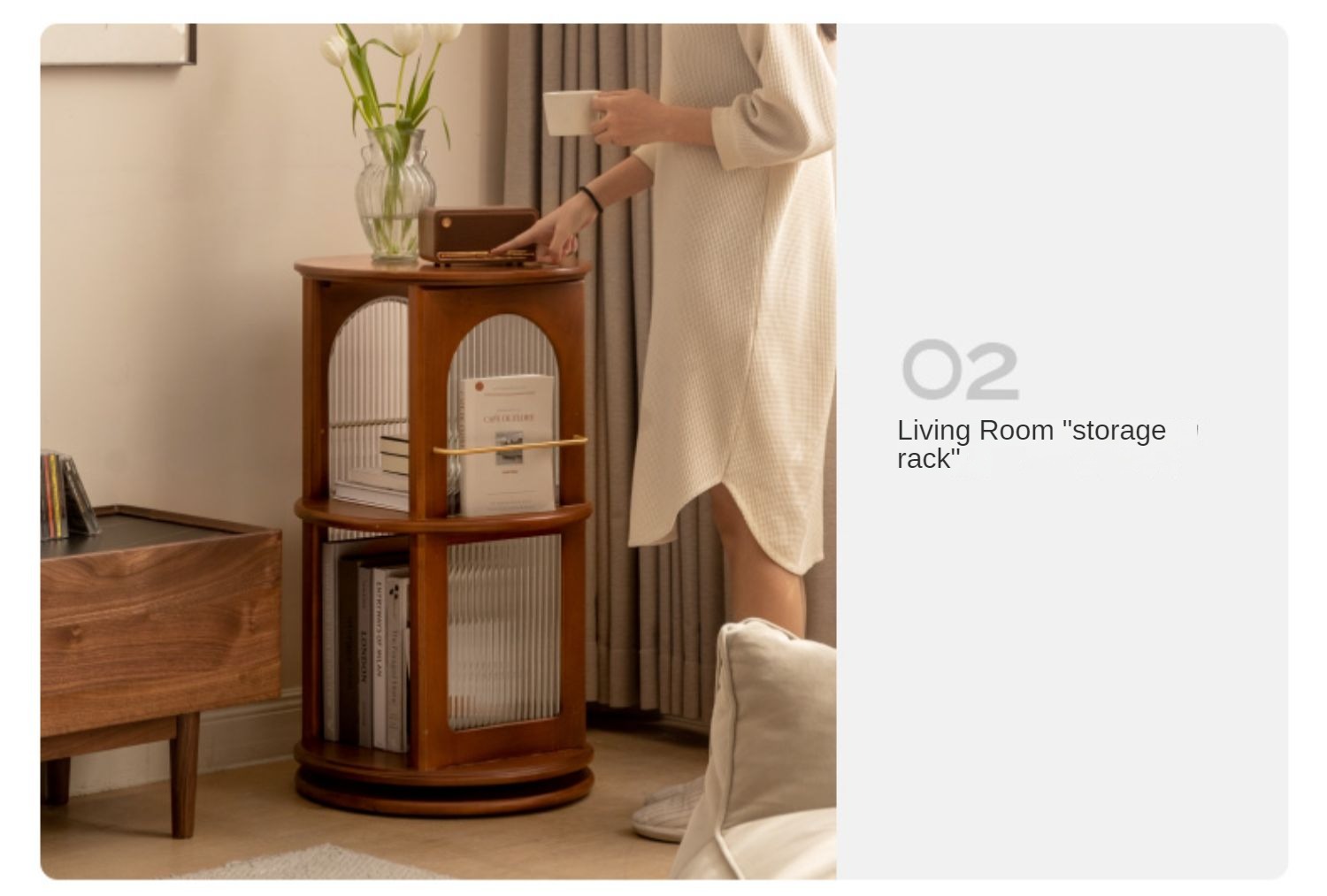 Poplar Solid Wood Side Table, Retro Storage Rack rotated 360°