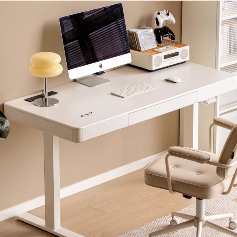 Poplar Solid wood smart electric lift desk cream style-