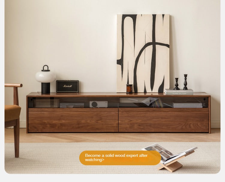 Black walnut solid wood TV cabinet LED light floor cabinet