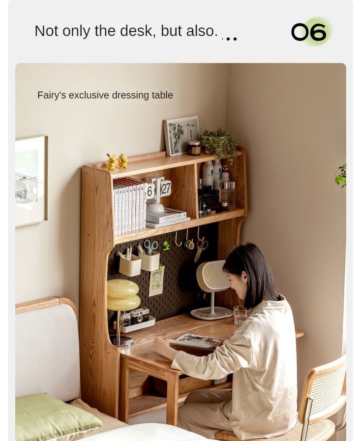 Oak Solid Wood Foldable Desk Bookcase Integrated