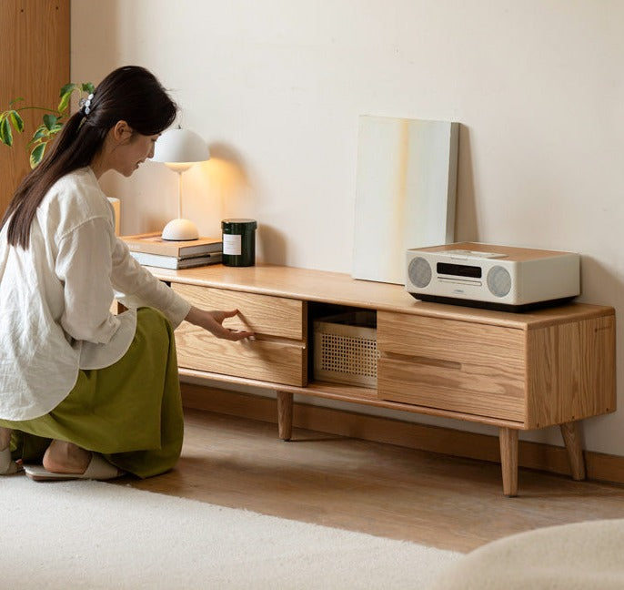 Oak solid wood TV stand sliding doors