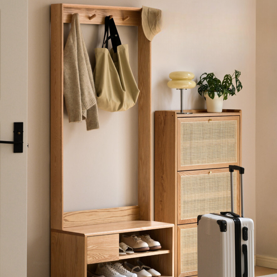 Oak Solid Wood Shoe Changing Stool & Clothes Hanger Storage Rack