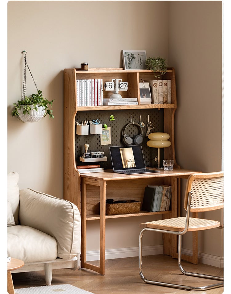 Oak Solid Wood Foldable Desk Bookcase Integrated