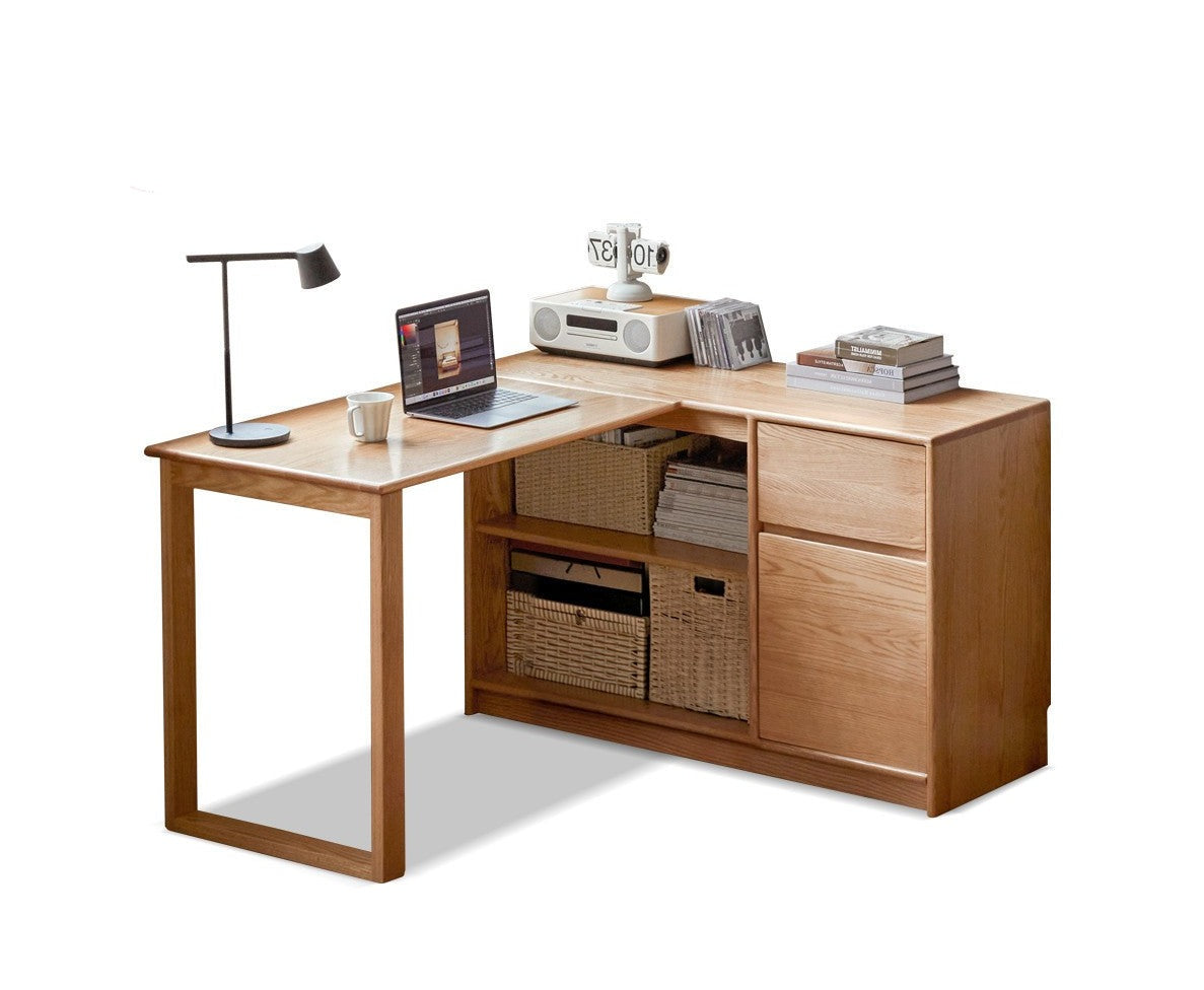 Oak, Walnut Solid Wood Desk Bookcase Integrated Corner office Table