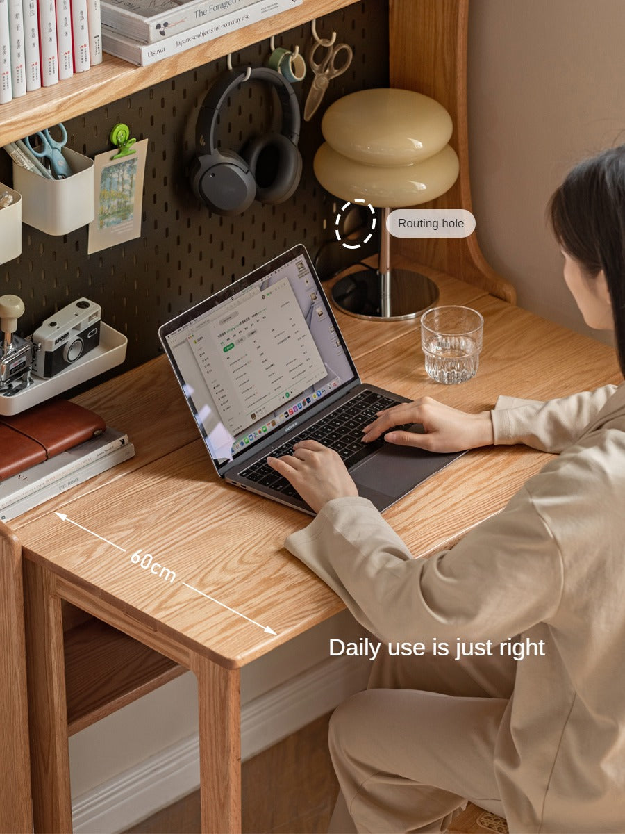 Oak Solid Wood Foldable Desk Bookcase Integrated