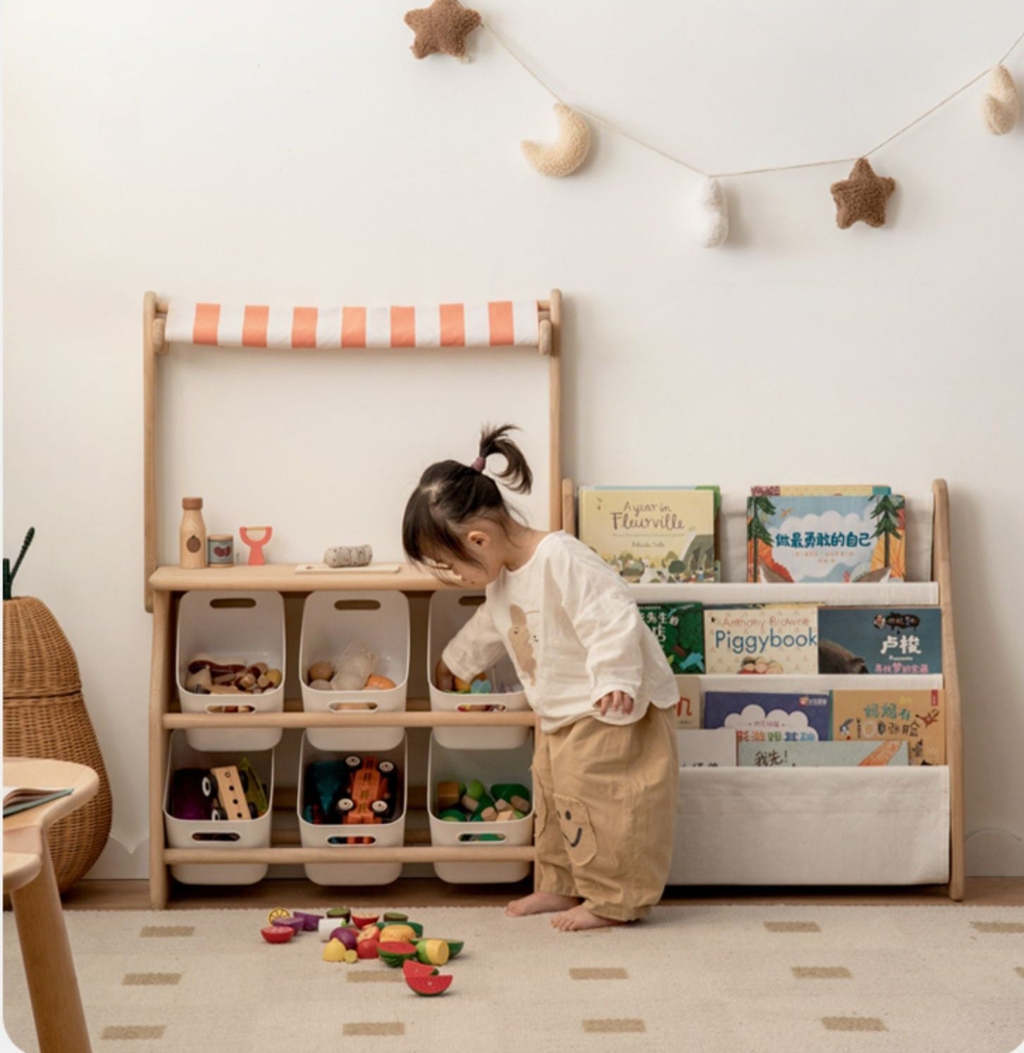 Poplar solid wood Kids book ,toy combination storage rack