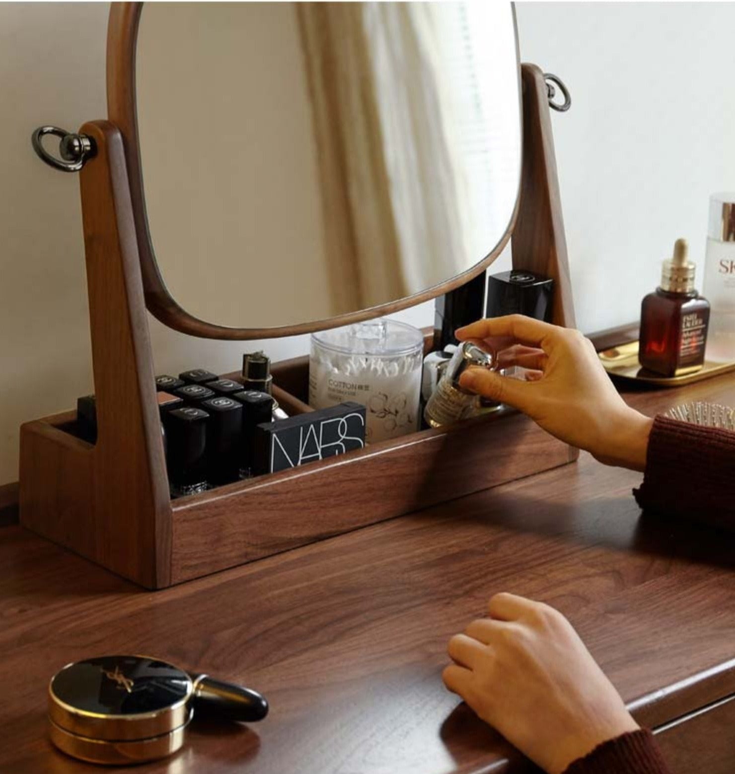 Black walnut solid wood makeup mirror storage box degree rotation*