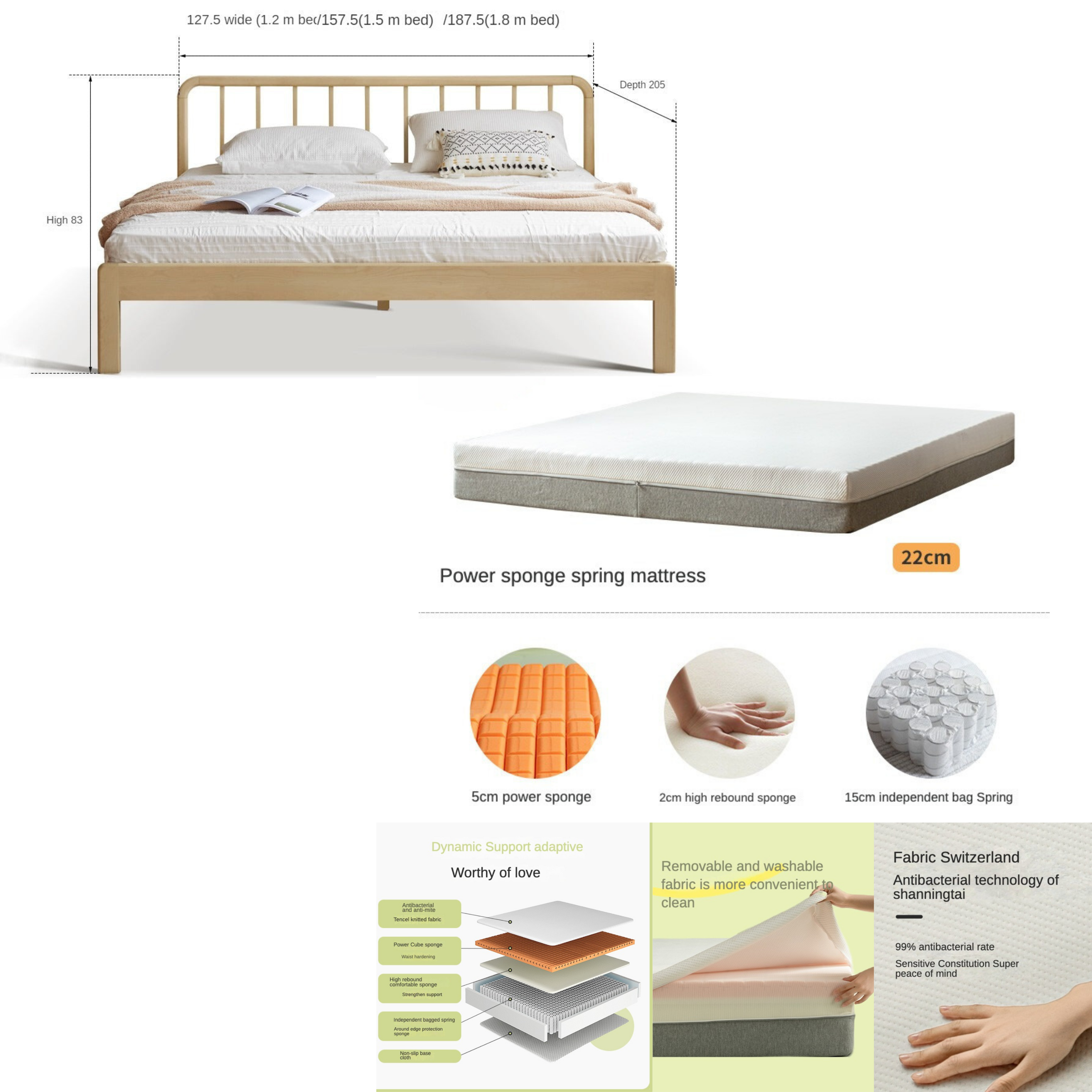 European Beech Solid Wood Bed Modern Simple.