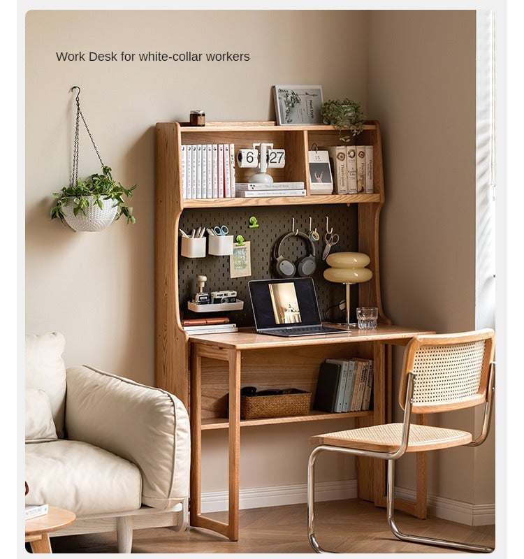 Oak Solid Wood Foldable Desk Bookcase Integrated