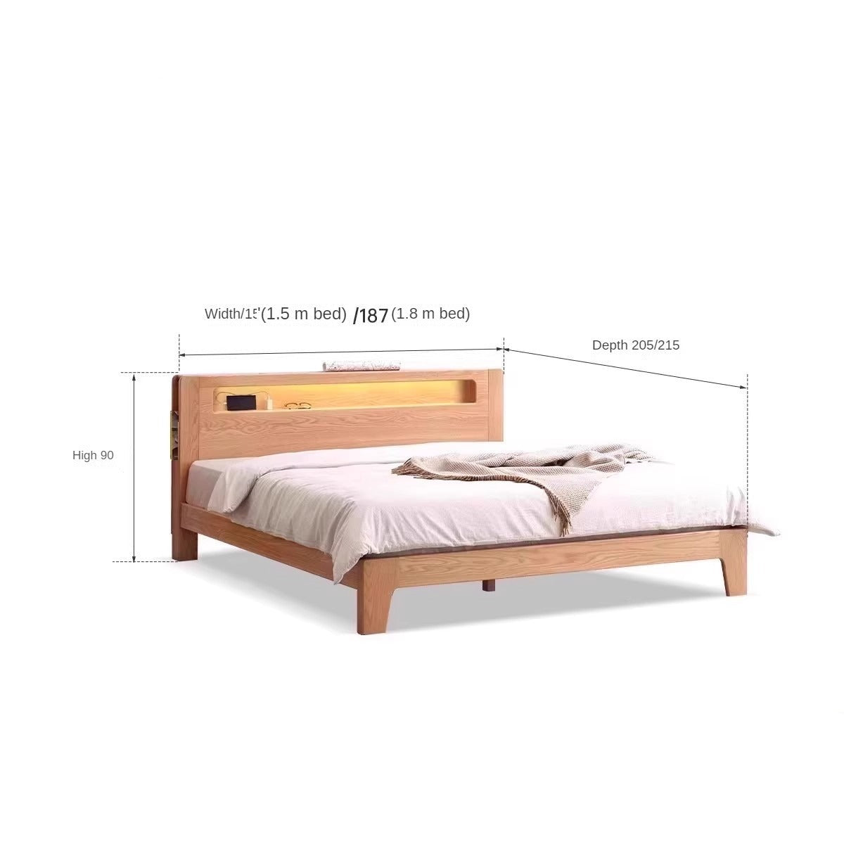 Oak, Beech solid wood bed with light and bookshelf.