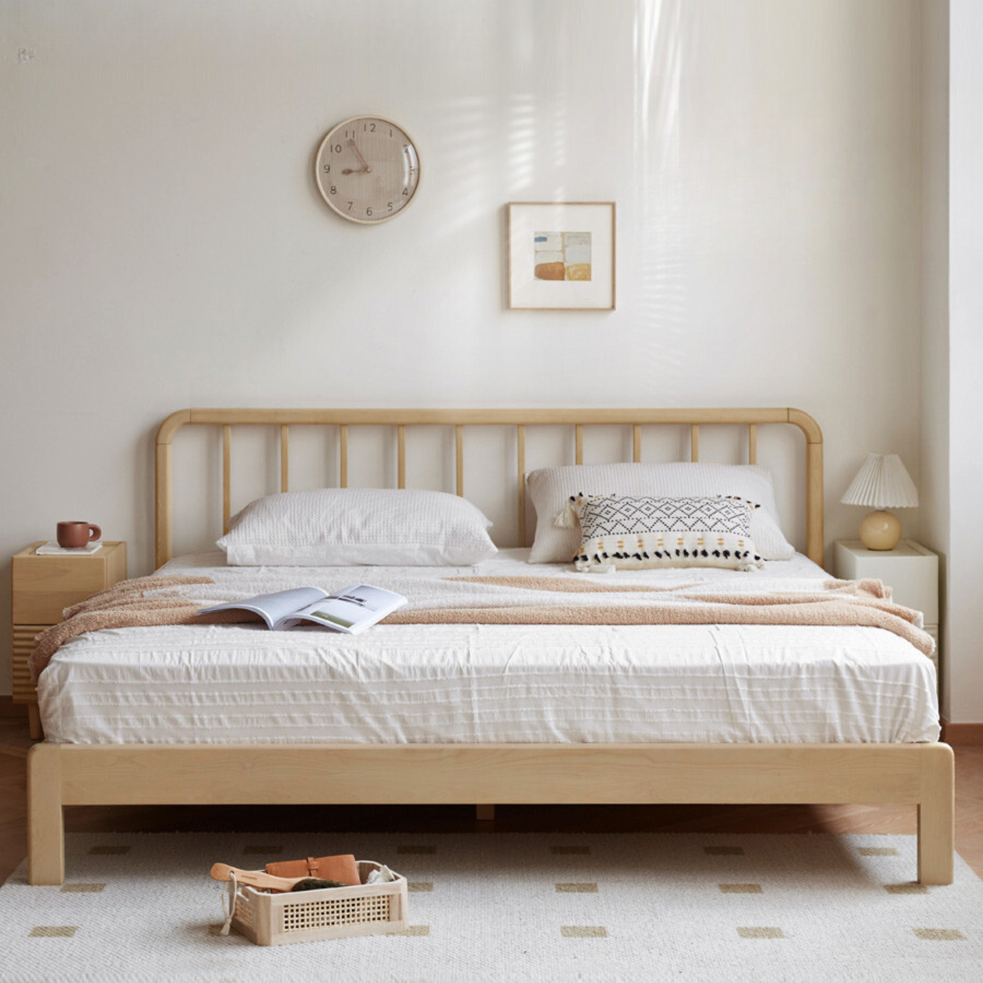 European Beech Solid Wood Bed Modern Simple.