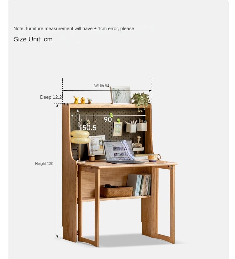 Oak Solid Wood Foldable Desk Bookcase Integrated