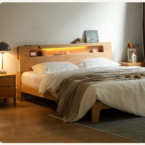 Oak, Beech solid wood bed with light and bookshelf.