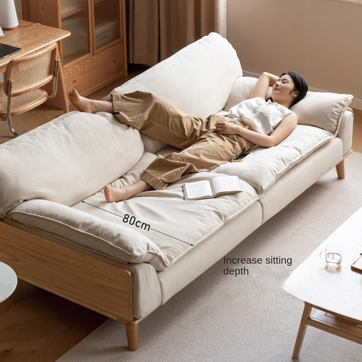 Oak Solid Wood Sofa,Technology Fabric, imitation cotton linen)