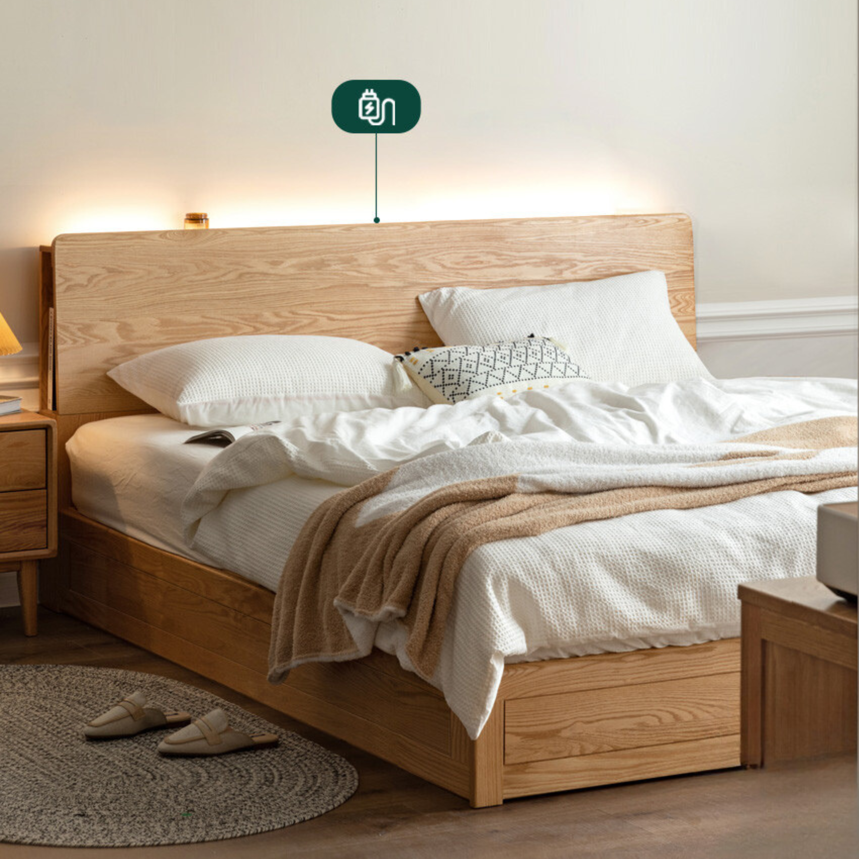 Oak solid wood Box Bed with light and bookshelf.