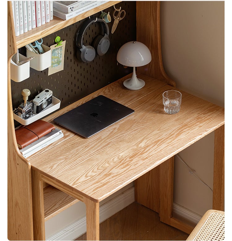Oak Solid Wood Foldable Desk Bookcase Integrated
