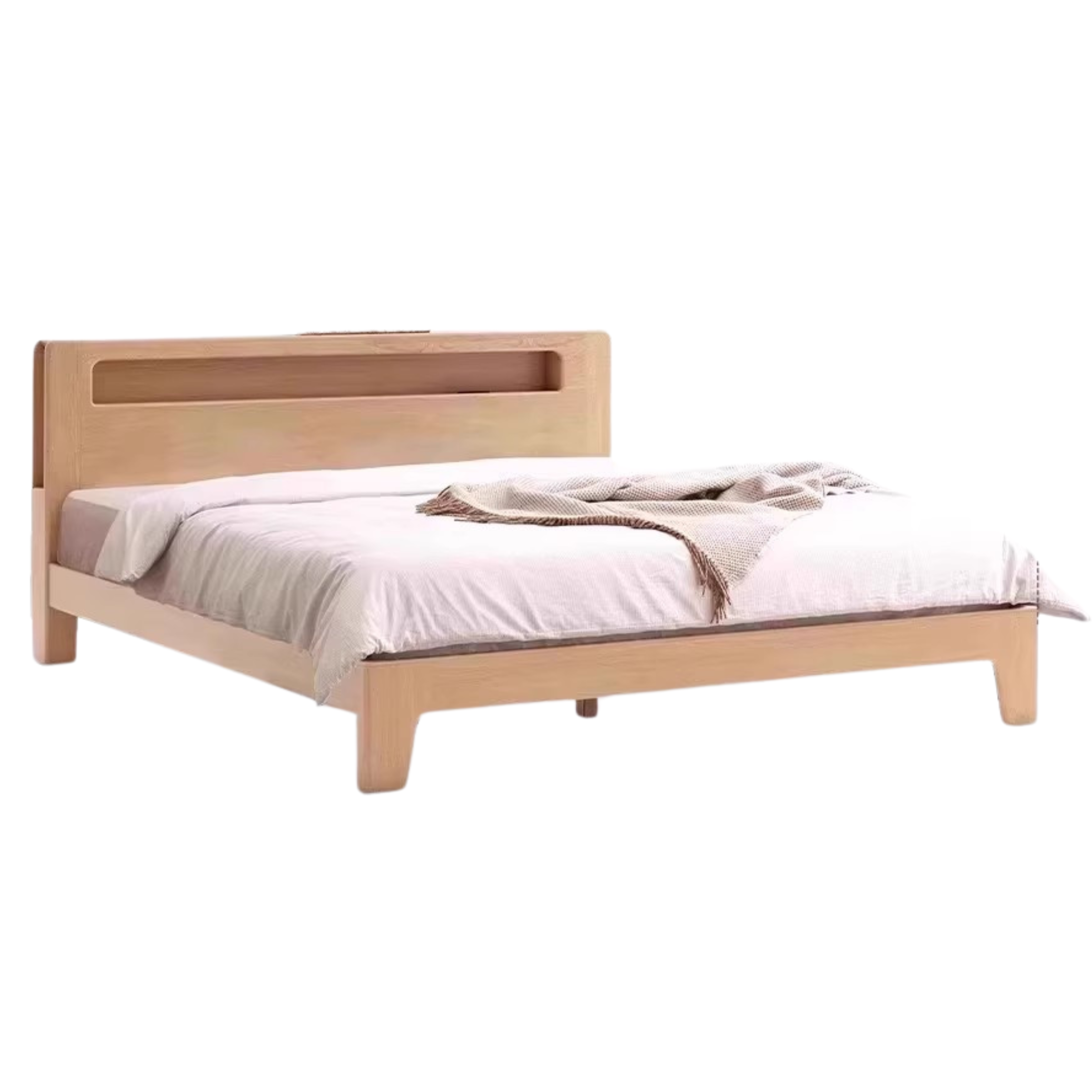 Oak, Beech solid wood bed with light and bookshelf.