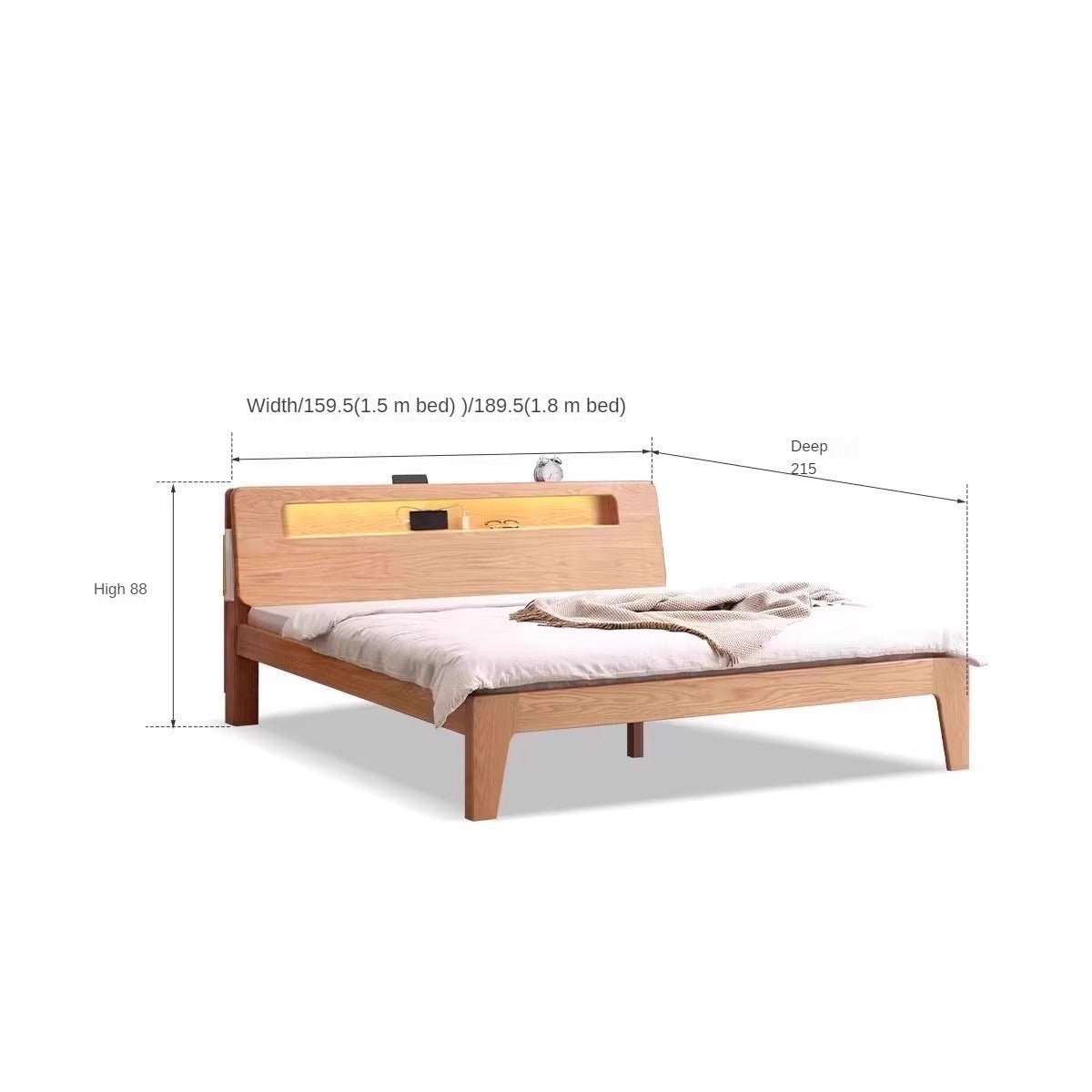 Oak, Beech solid wood bed with light and bookshelf.