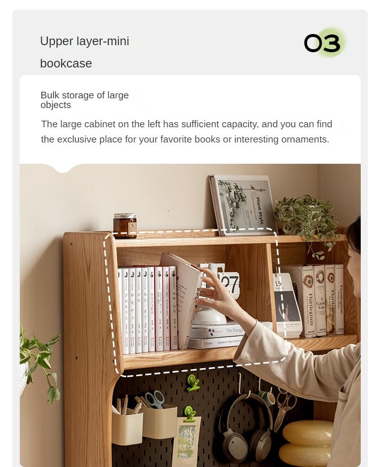 Oak Solid Wood Foldable Desk Bookcase Integrated