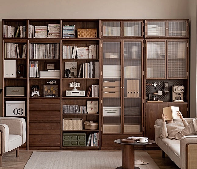 Black Walnut Solid Wood Bookcase Display Glass Door Storage Cabinet