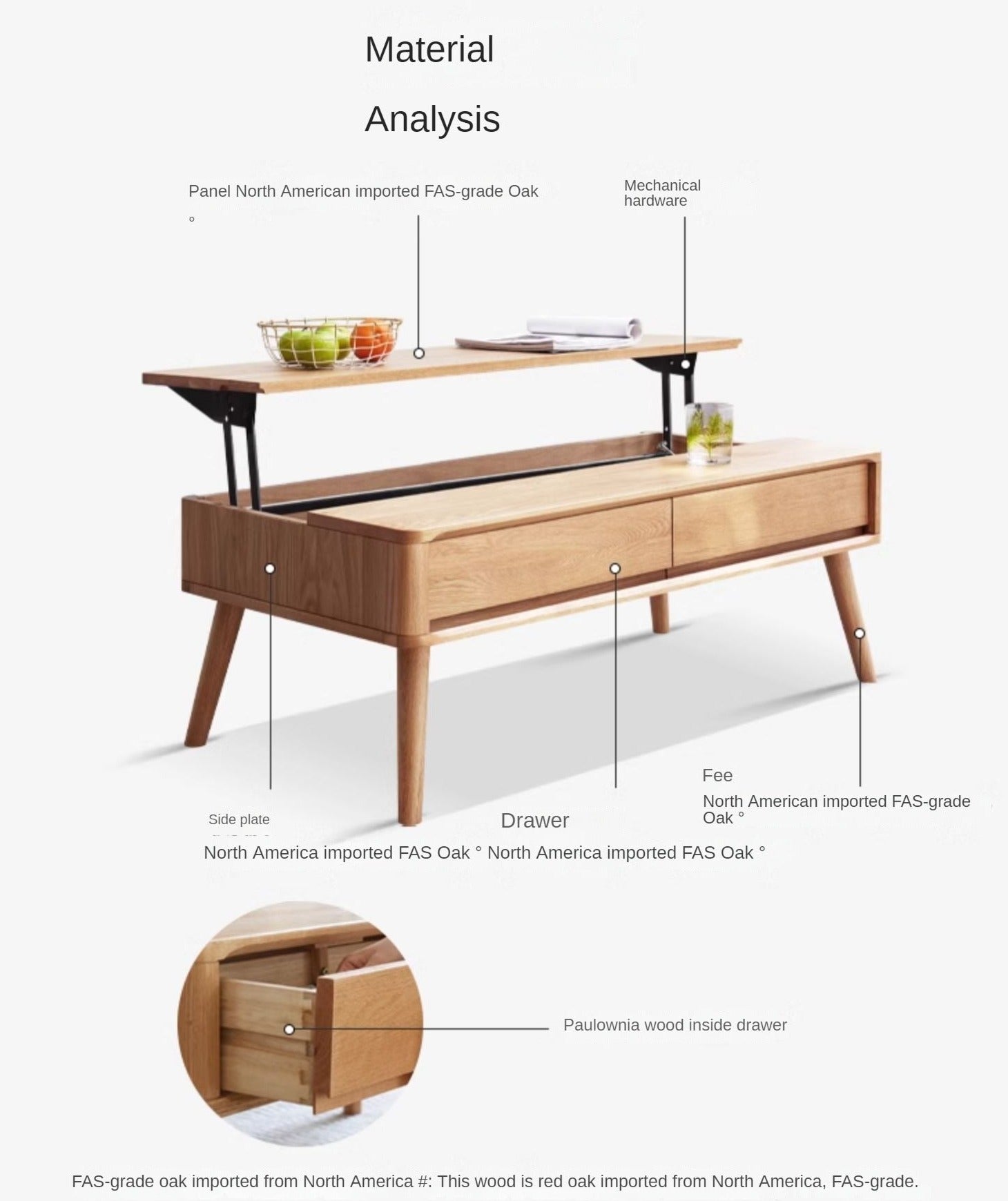 Oak solid wood Lifting Coffee Table
