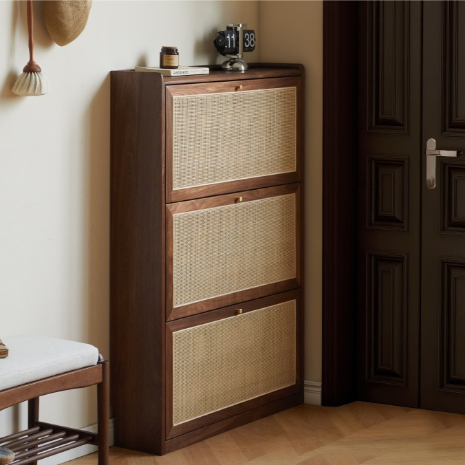 Black Walnut Solid Wood rattan Flipper Shoe Cabinet