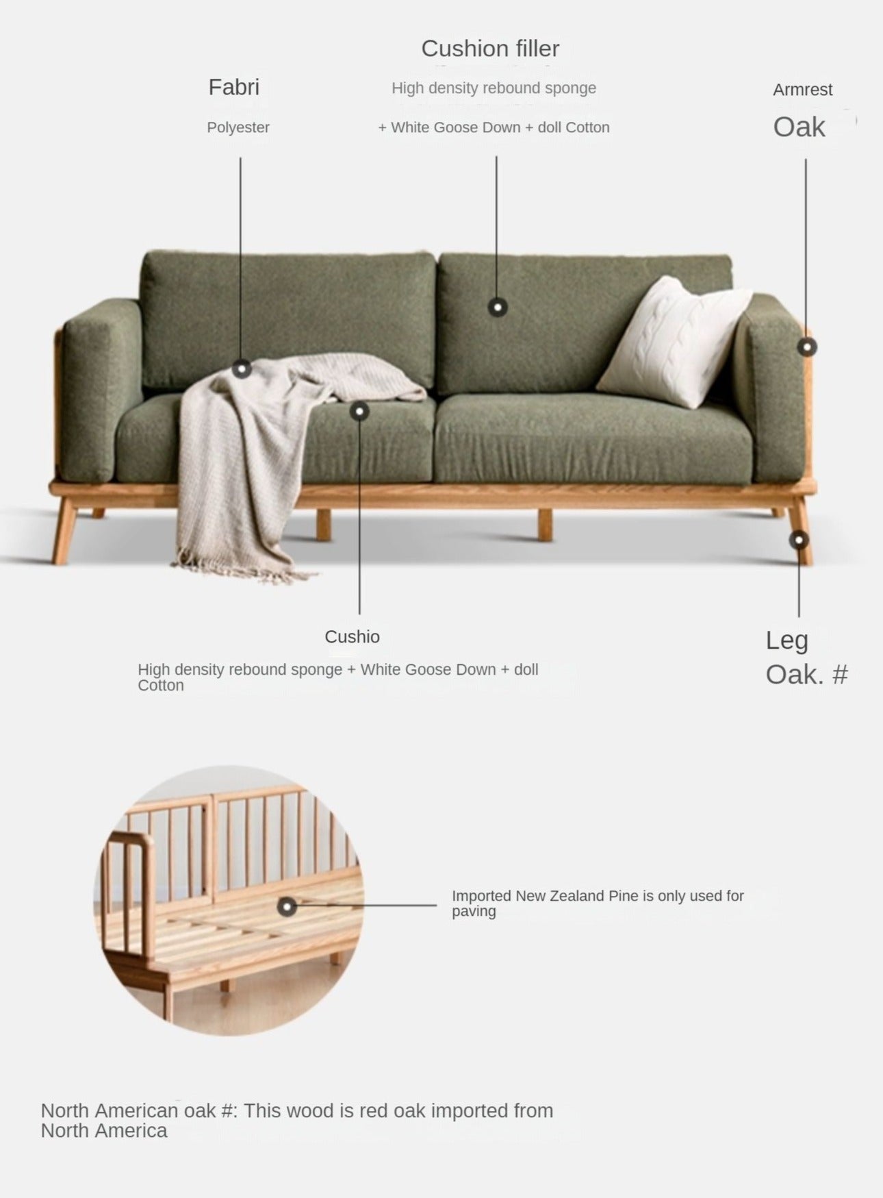 Oak Solid Wood Fabric Sofa)