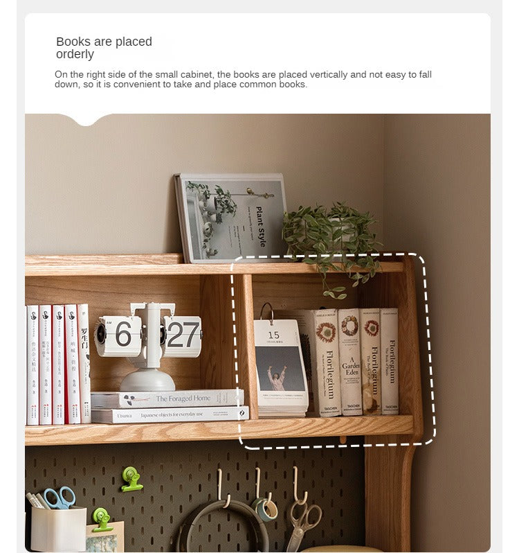 Oak Solid Wood Foldable Desk Bookcase Integrated