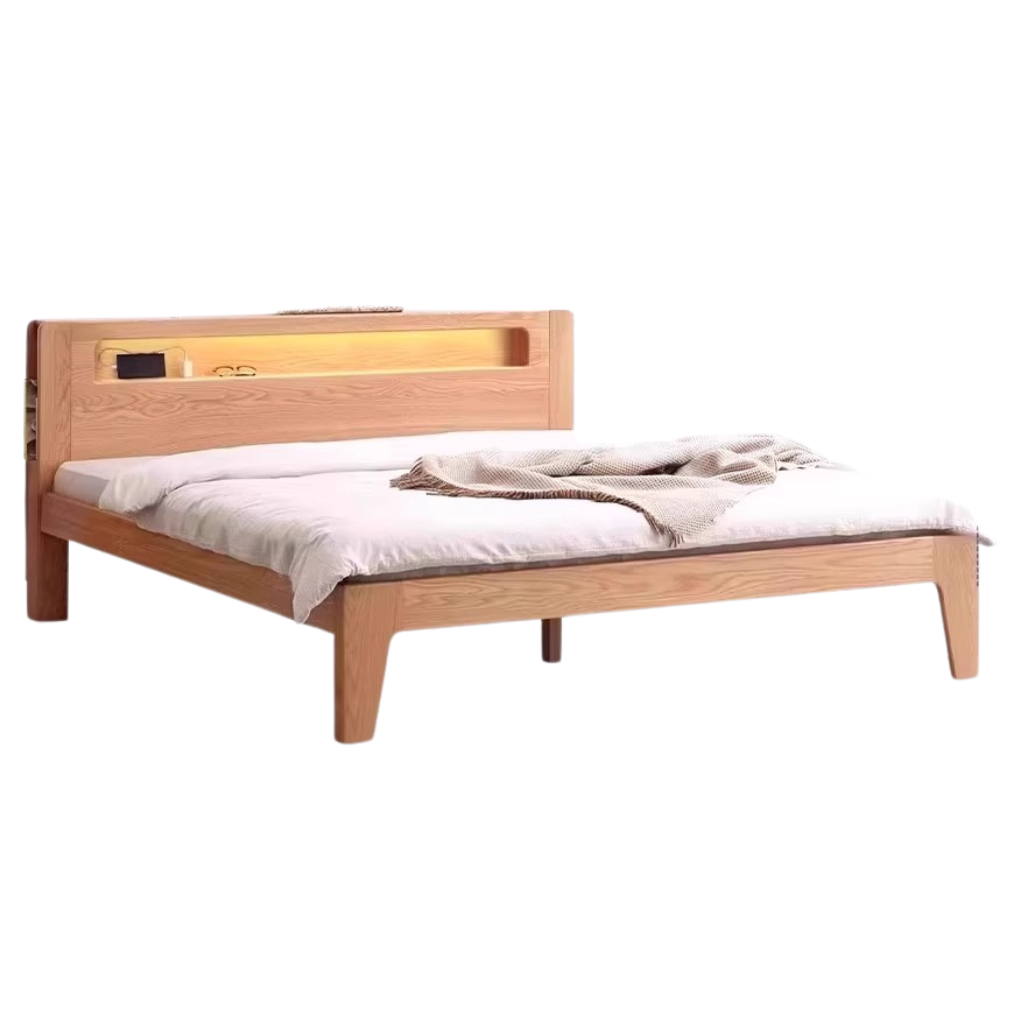 Oak, Beech solid wood bed with light and bookshelf.