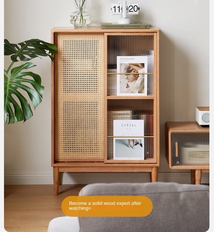 Oak Solid Wood Sliding Door Storage LED lights, side Cabinet-