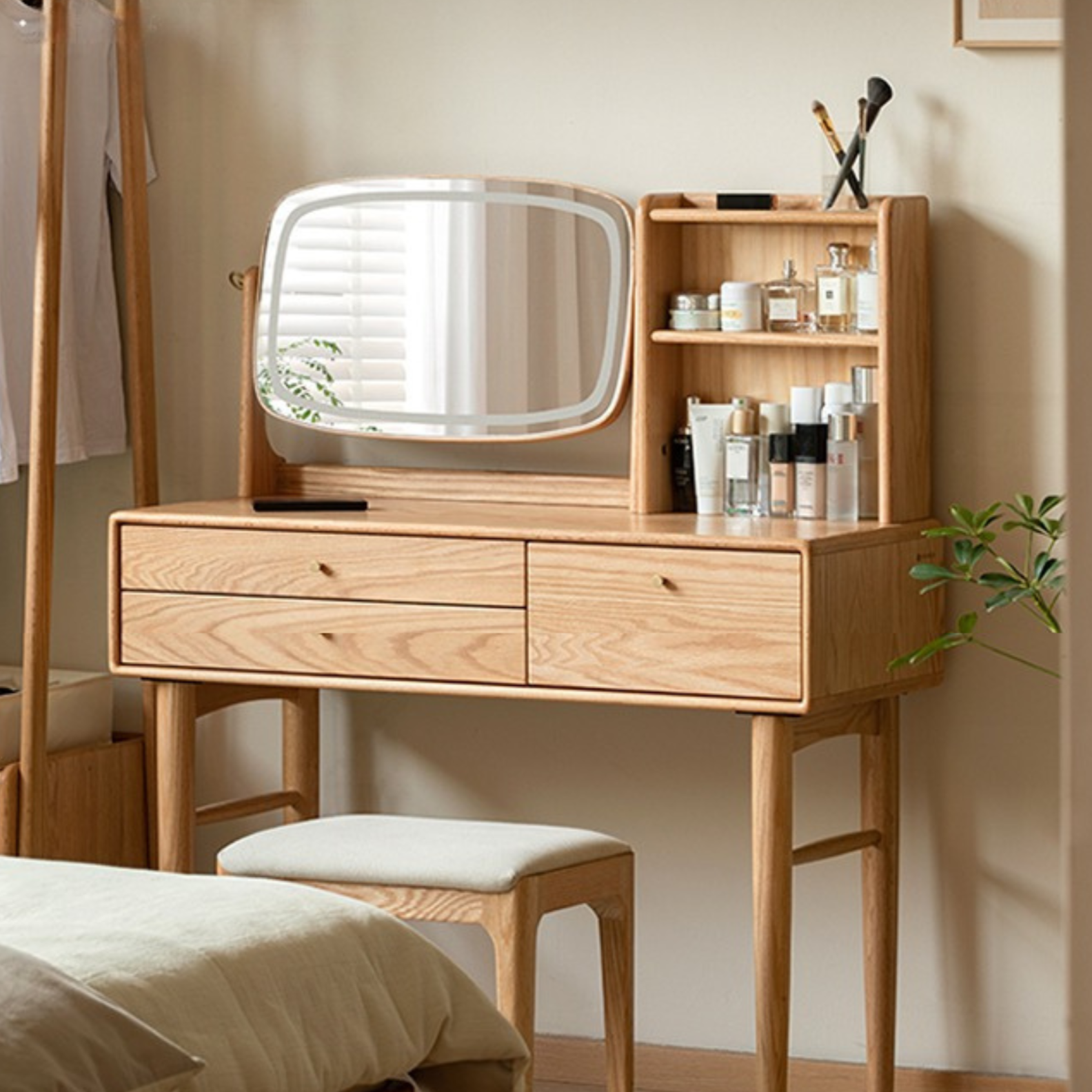 Oak solid wood Dressing table lighted makeup mirror:
