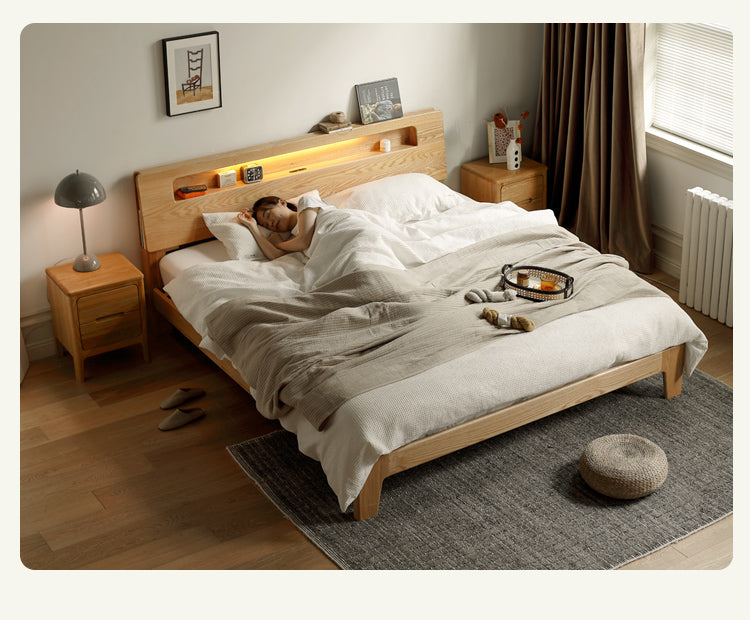 Oak, Beech solid wood bed with light and bookshelf.
