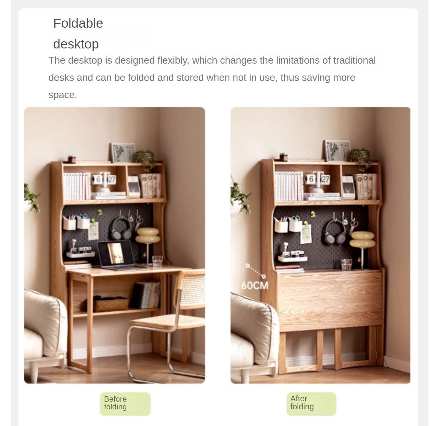 Oak Solid Wood Foldable Desk Bookcase Integrated