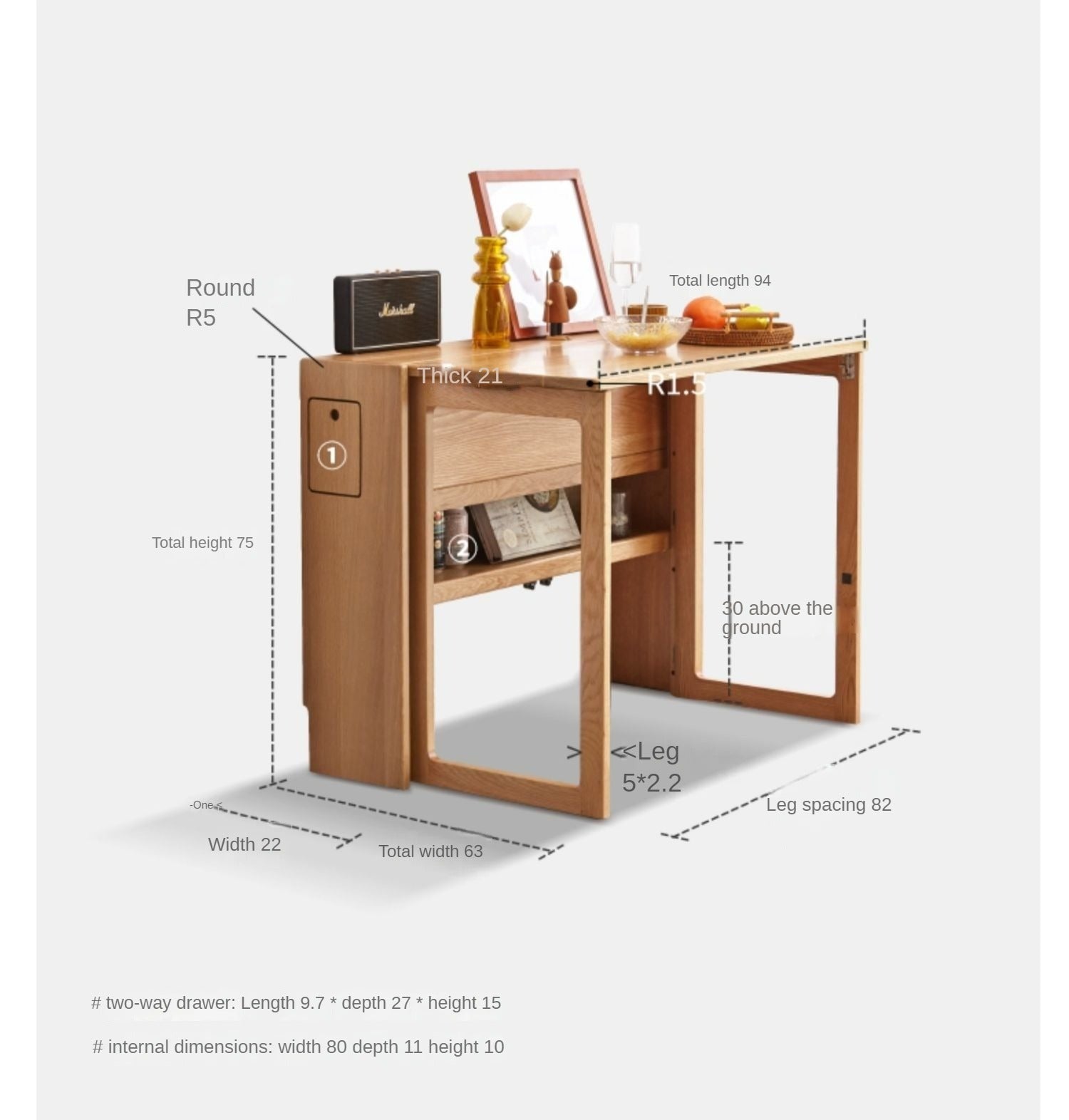 Oak Solid Wood Foldable Desk Bookcase Integrated